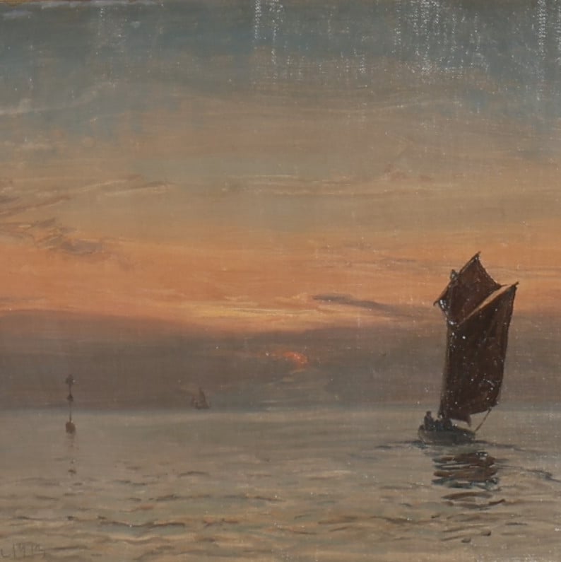 Vilhelm Arnesen (1865-1948): Fishing boat at dawn. 1913. | Lauritz.com