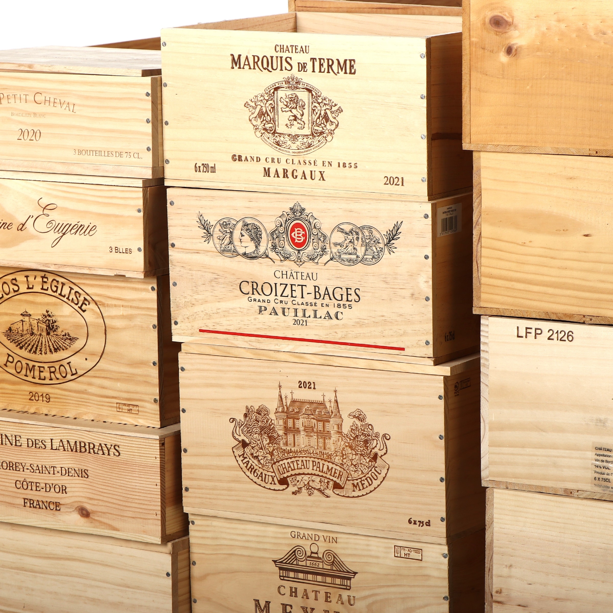 Collection of wine boxes (empty) i.a. La Fleur-Pétrus, Château Palmer ...