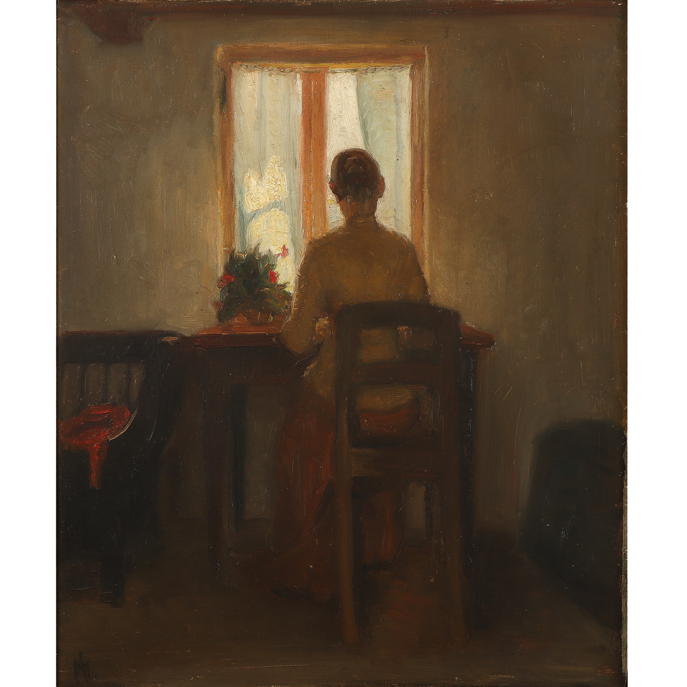 Michael Ancher. Interiør med siddende rygvendt Anna Ancher mod vinue ...