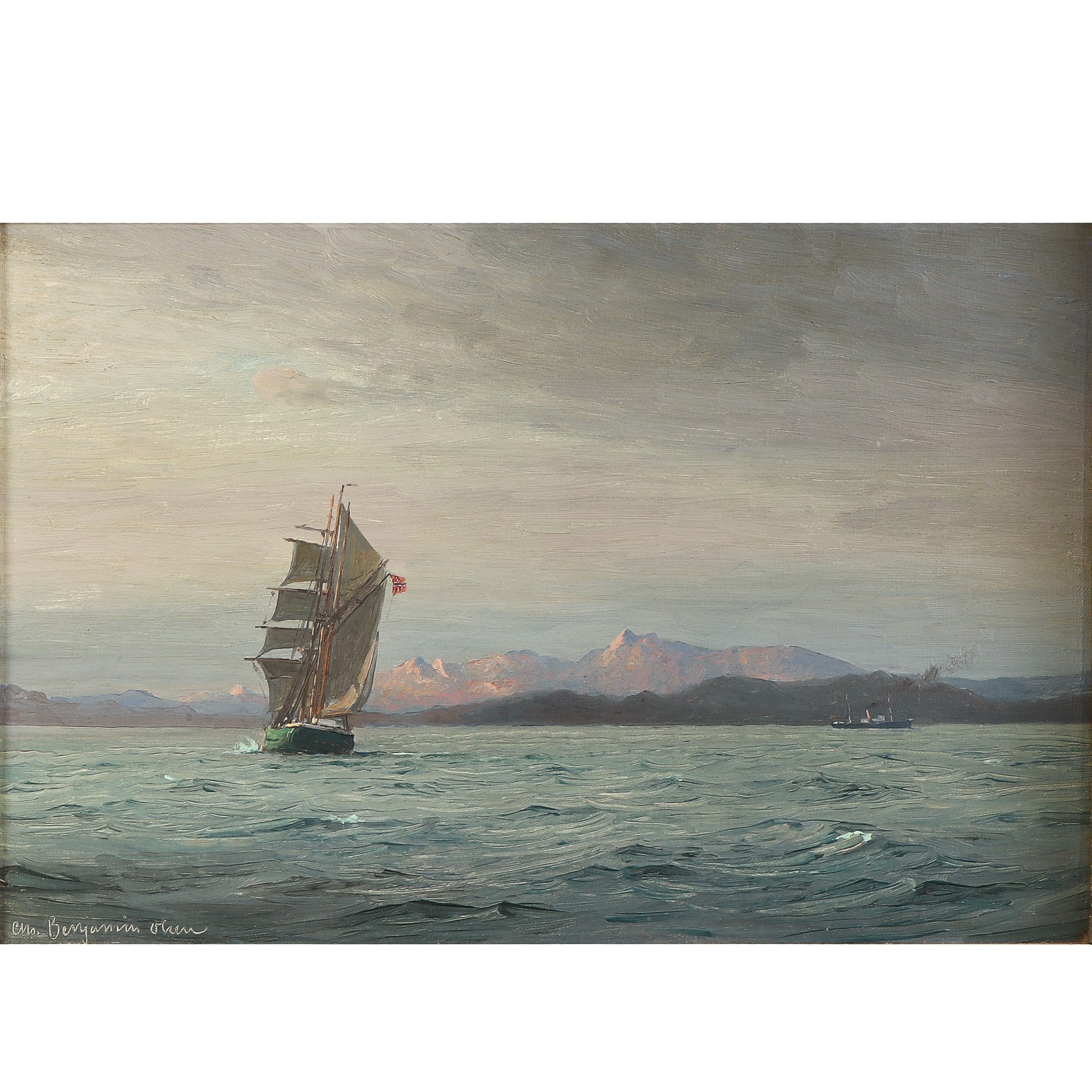 Christian Benjamin Olsen. Marine motiv ud for kyst , olie på lærred ...
