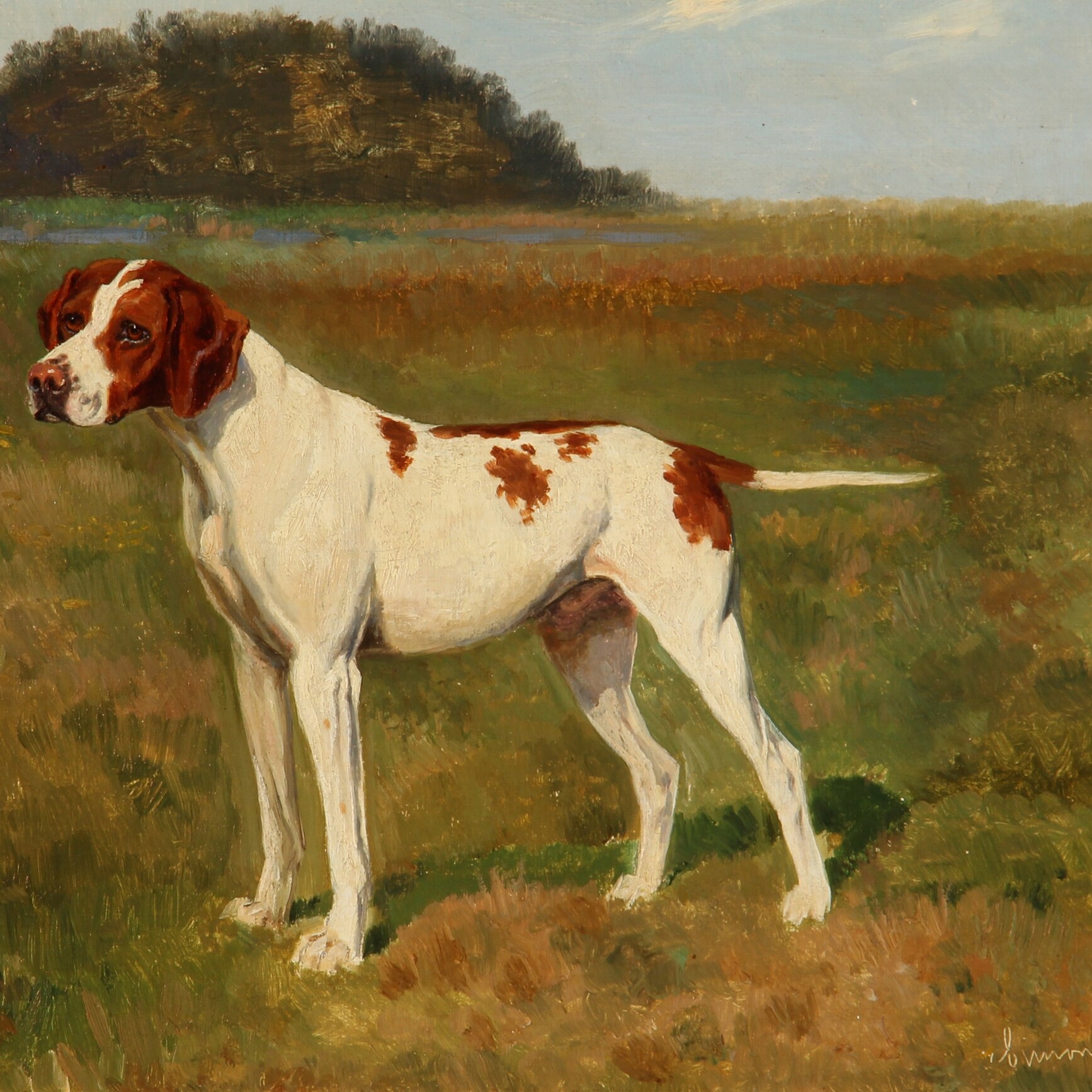 Simon Simonsen. Pointer hunting dog in landscape, Fænø 1906 | Lauritz.com