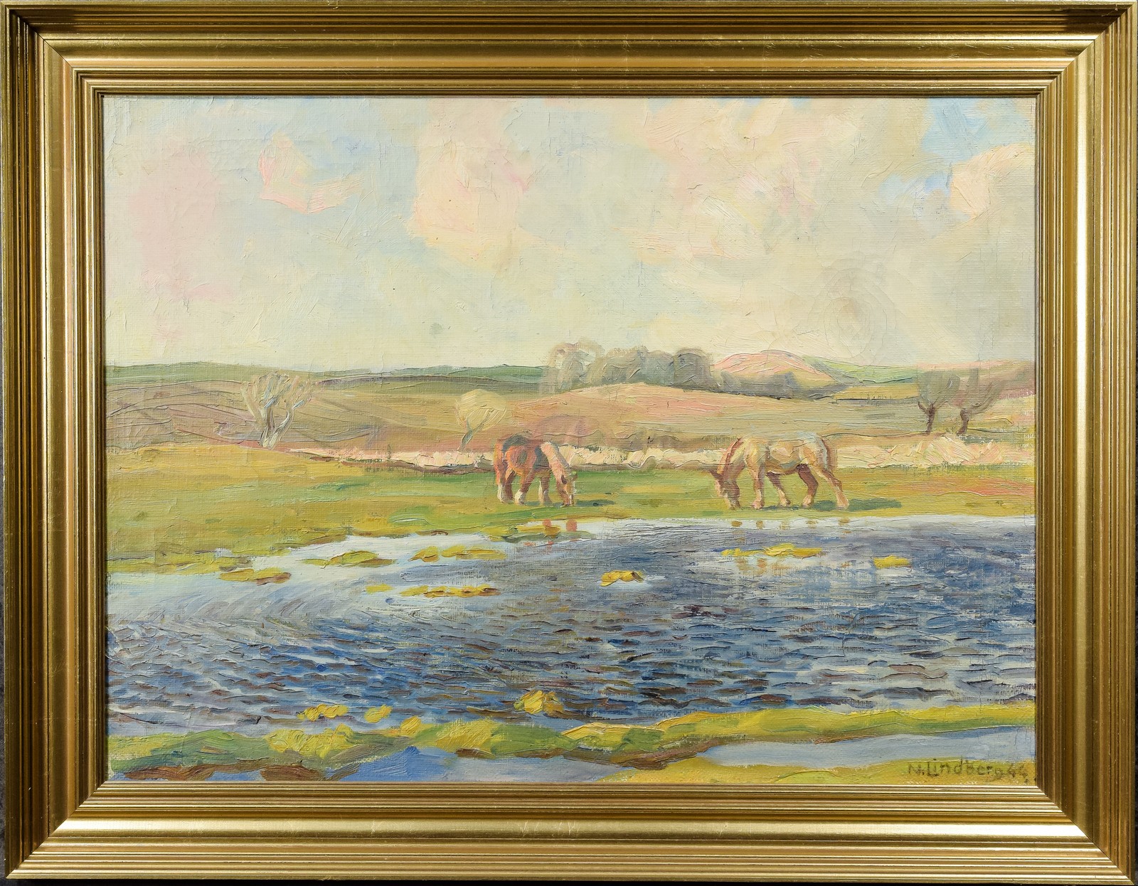 Niels Lindberg, olie på lærred, landskab med heste | Lauritz.com