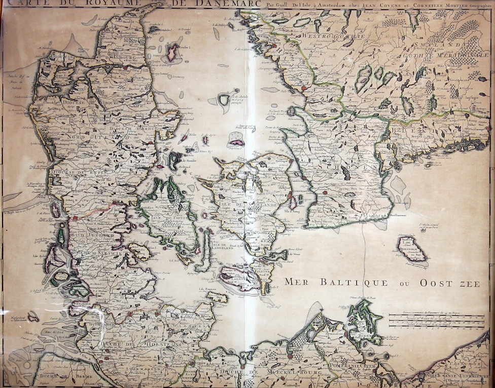Kort over Danmark og Skåne, delvis koloreret kobberstik, 1700-tallet ...