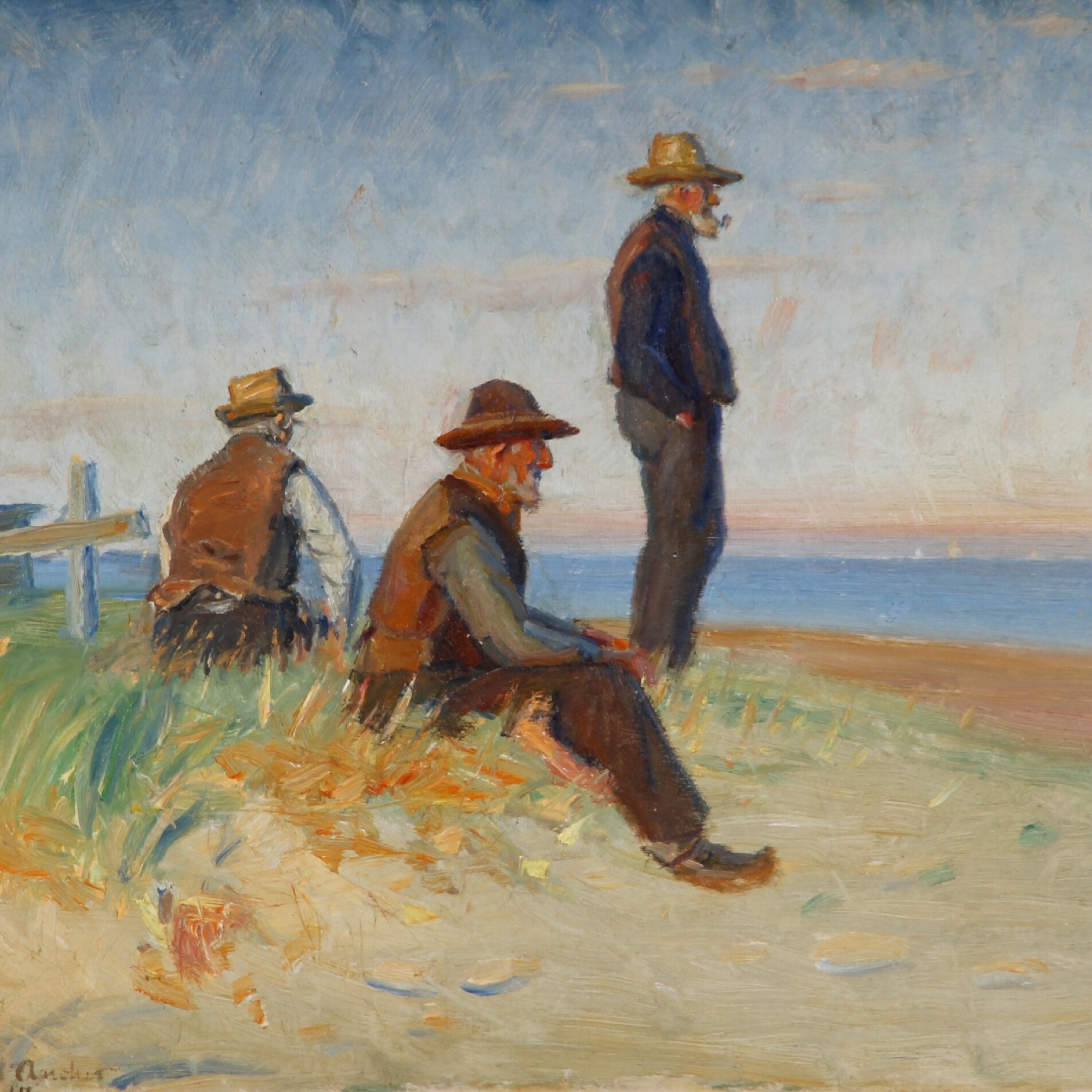 Michael Ancher: Strandparti med tre mænd fra Skagen, der skuer ud over ...