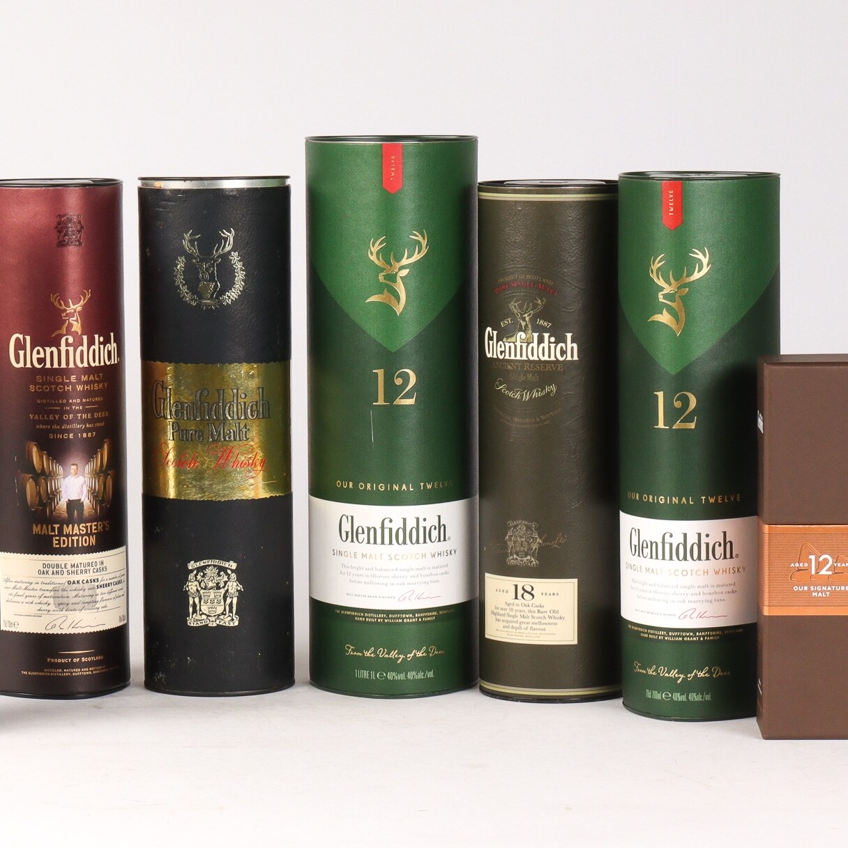 6 fl. Glenfiddich Single Malt Scotch Whisky, bl.a. Our Original Twelve ...