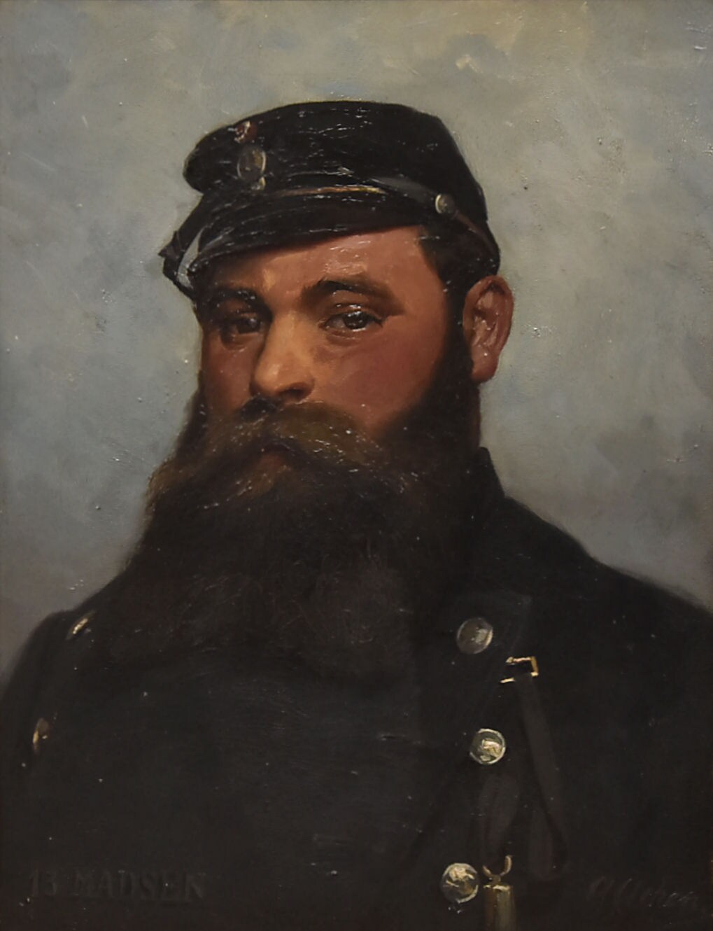 Georg Achen. Portræt af soldat i uniform. Olie på plade | Lauritz.com